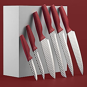 Luxury Kitchen Knife Block Set - with 6 Stainless Steel Knives, Chef Quality Utensils with Santoku, Paring, Carving, Utility, and Bread Knife Cutlery, Precision Sharp Blades, All-Purpose Use Red Set