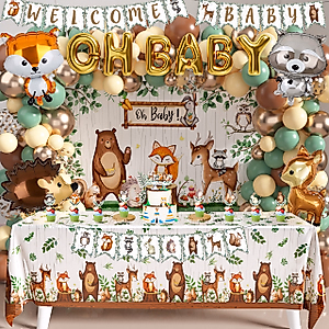 Woodland Animals Baby Shower Decoration Pack Forest Animal Neutral Gender Reveal Party Supplies Woodland Themed Birthday Party Ideas Set 106 Pcs Backdrop, Tablecloth, Cake Toppers, Balloons (Woodland