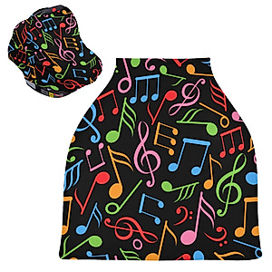 YYZZH Colorful Music Note Pattern On Black Stretchy Baby Car Seat Cover Infant Canopy Nursing Covers Breastfeeding Cover Breathable Windproof Winter Scarf for Boys Girls