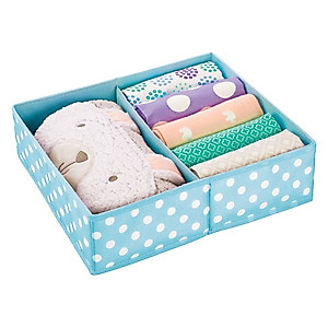 mDesign Fabric Drawer Organizer Bin Dividers for Baby Nursery Dresser, Closet, Organization - Bins Hold Clothes, Diapers, Cream, Toy, Blankets - 2 Pack, Turquoise Blue/White Polka Dot