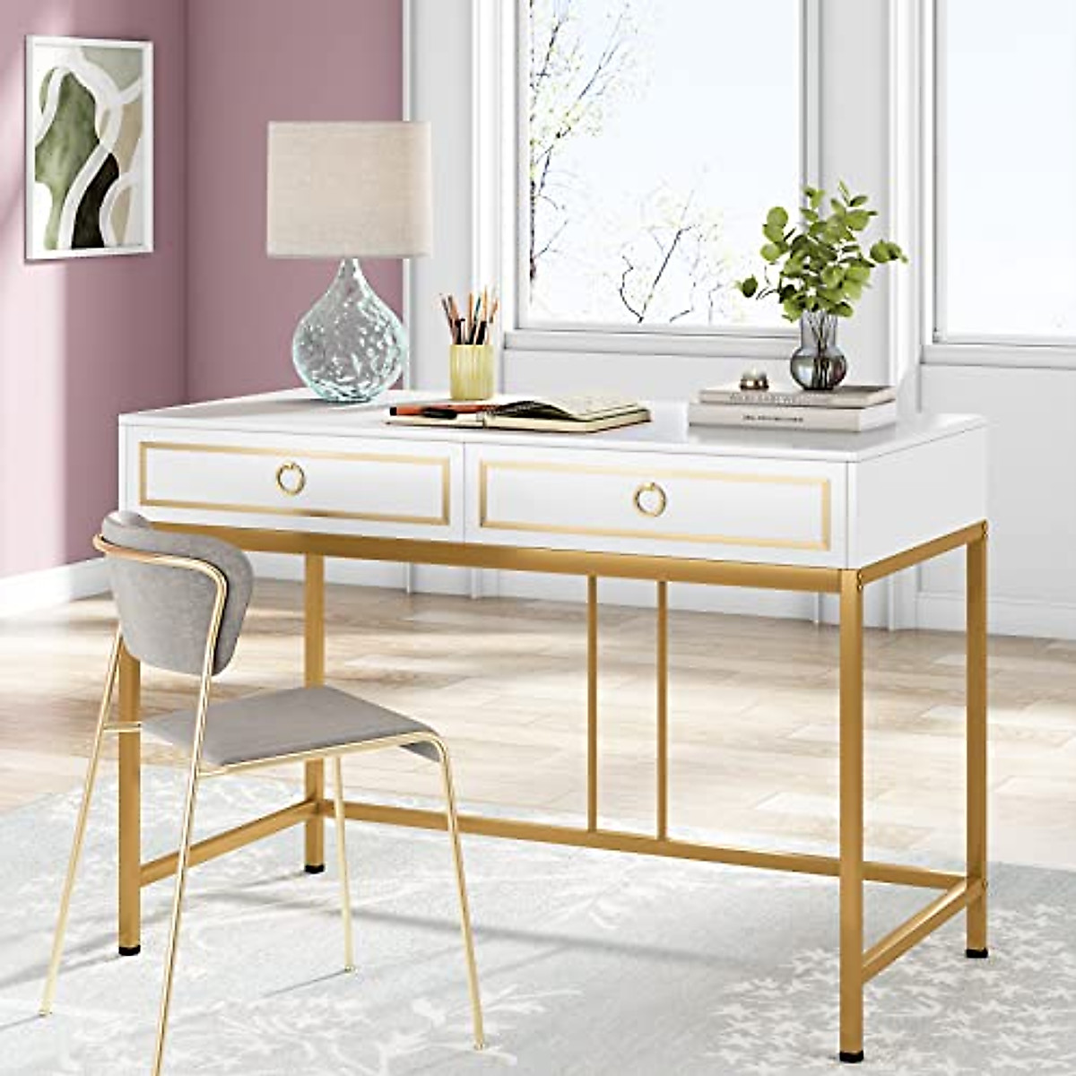 LITTLE TREE Drawers Computer Desk, 43.31” W x 21.65” D x 31.5”H, White and Gold