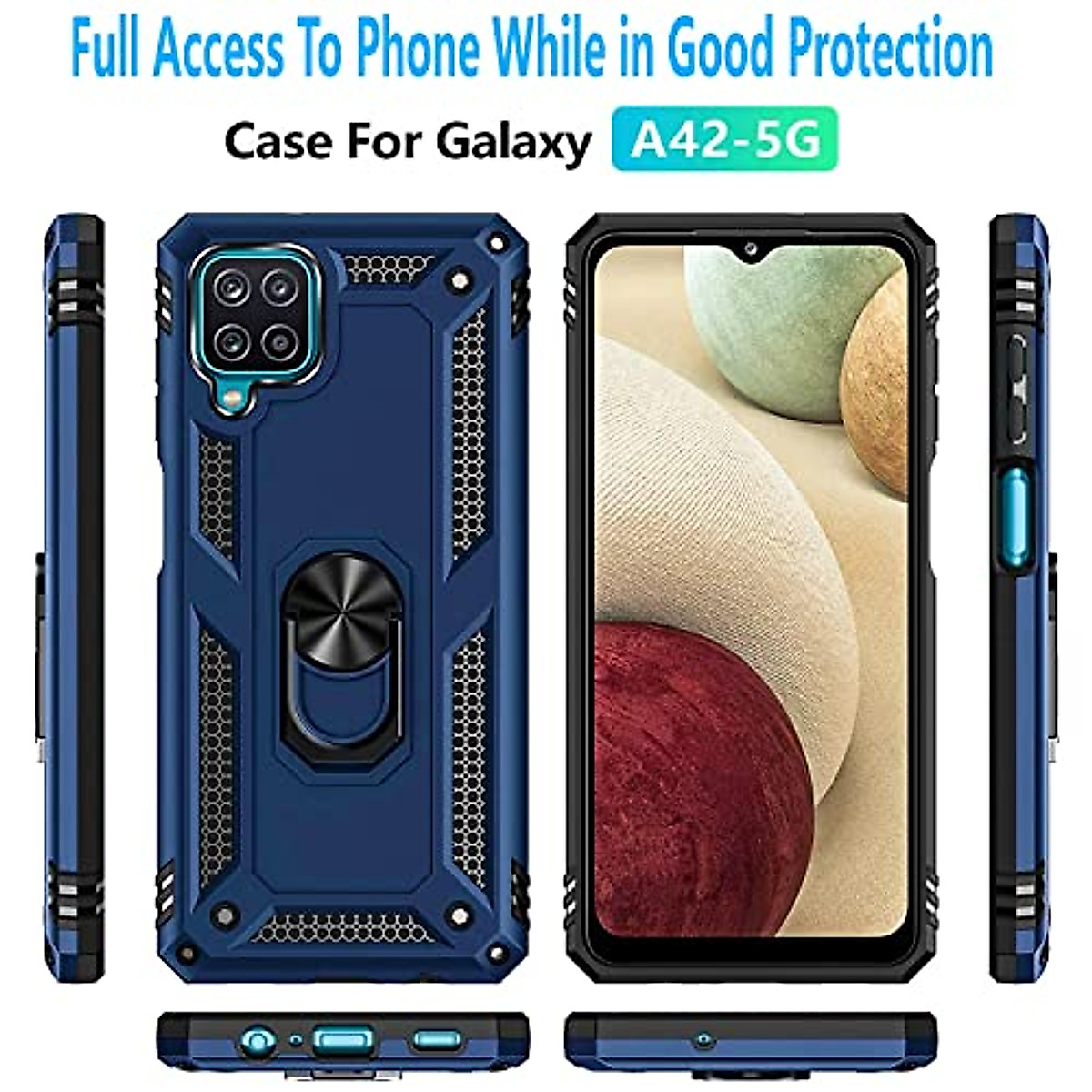 STARSHOP Samsung Galaxy A42 5G Phone Case, with [Tempered Glass Screen Protector Included], Military Grade Shockproof Protective Dual Layer Phone Cover with Metal Ring Kickstand - Navy