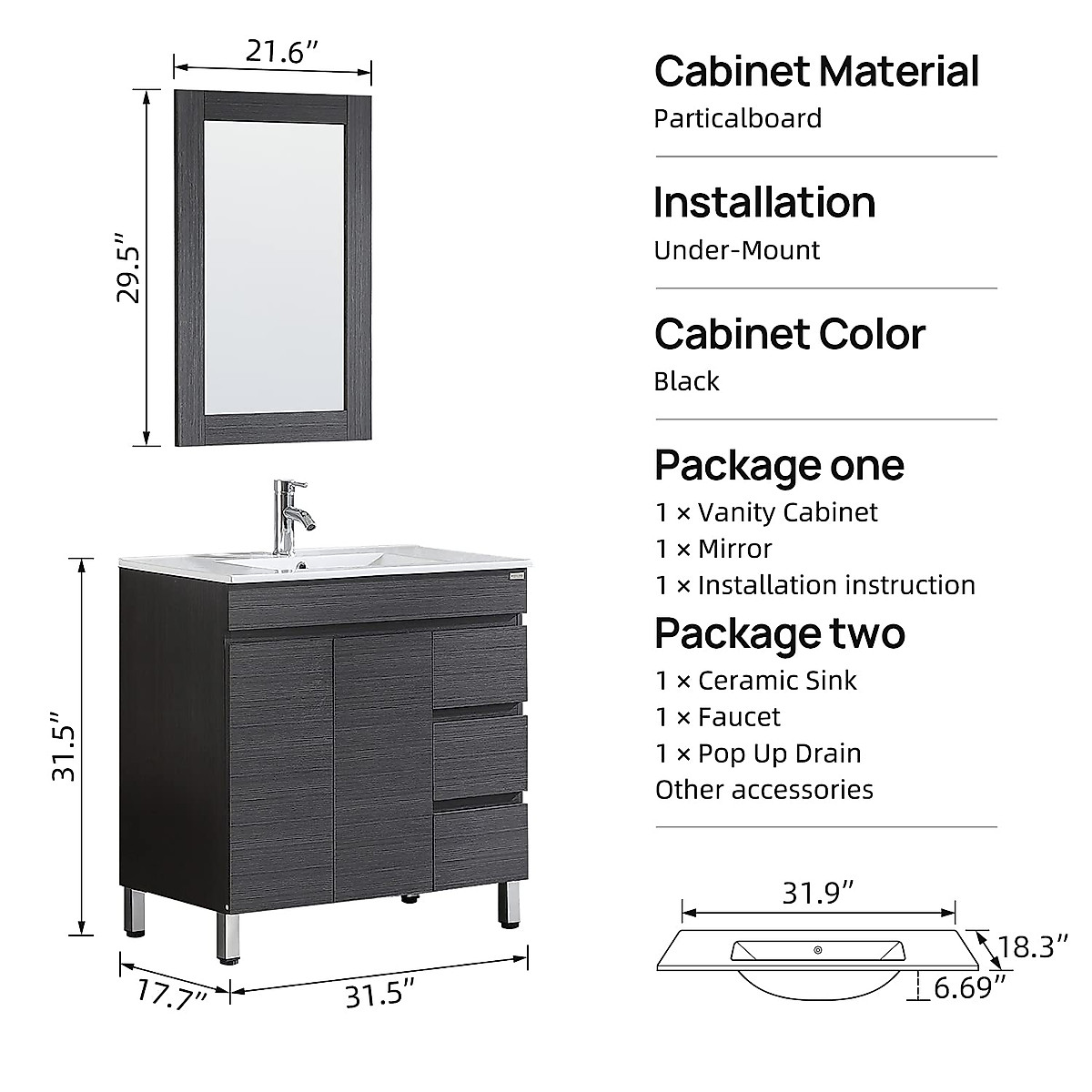 wonline 32" Bathroom Vanity and Sink Combo Cabinet Undermount Ceramic Vessel Sink Chorme Faucet Drain with Mirror Vanities Set