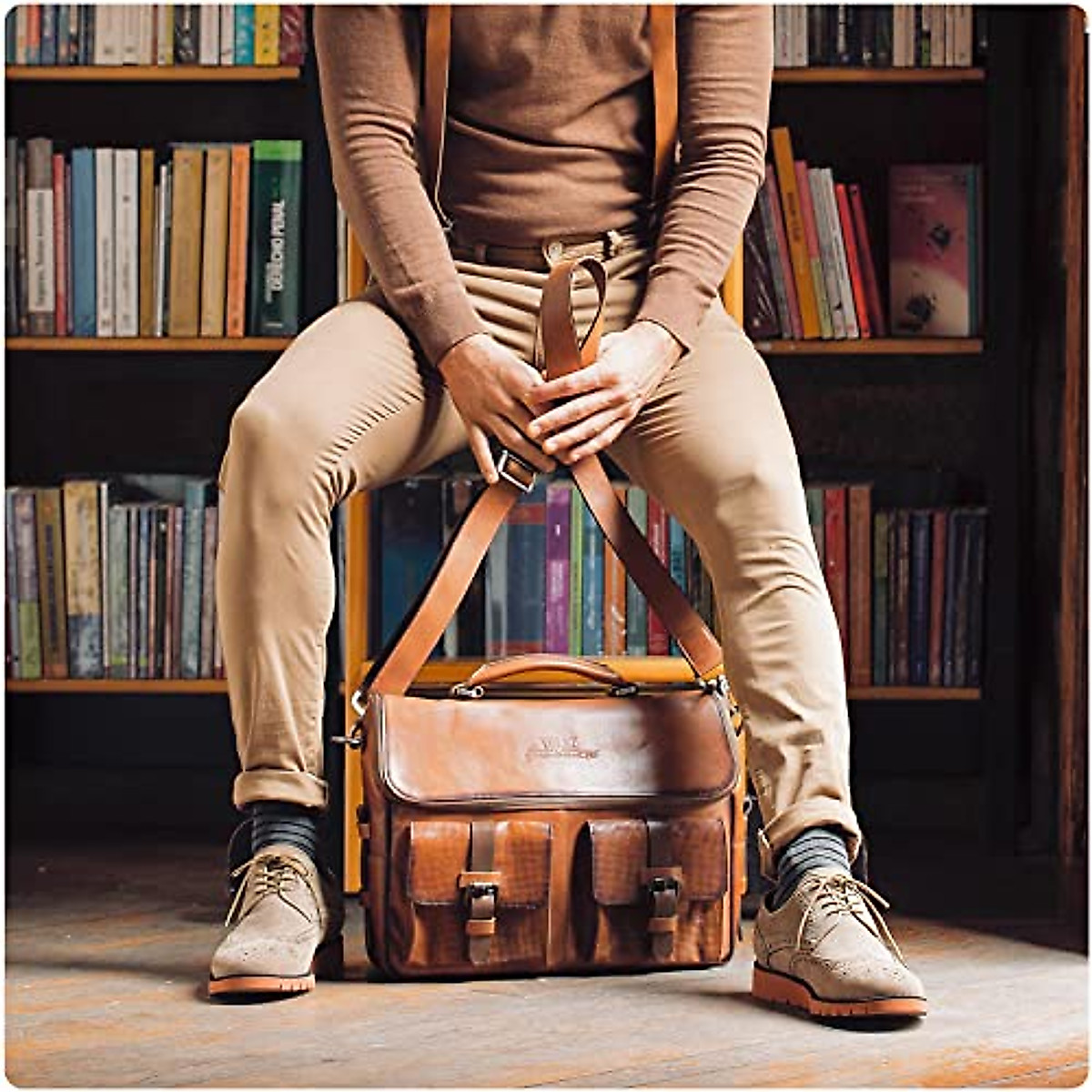VELEZ Full Grain Leather Backpack for Men Tan Designer Bookbag + Messenger Laptop Briefcase Computer Bag