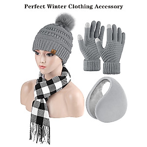 URATOT Beanie Hat Scarf Gloves 4 in 1 Winter Set Knitted Scarf Hat Touch Screen Gloves and Winter Ear Warmer for Unisex