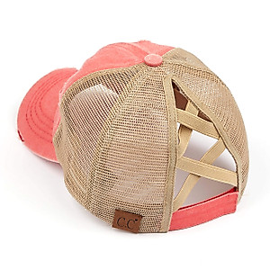 Funky Junque Ponytail Messy Bun Trucker Ponycap (Mesh - Coral w/Criss Cross Back)