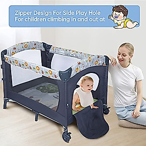 BLOROOM 6-in-1 Pack and Play, Baby Bedside Sleeper with Bassinet, Multifunction Bedside Crib Newborn to Toddlers, Diaper Changer, Playard, Safety Strap, Music Box & Hanging Toys,Mosquito net (Gray)