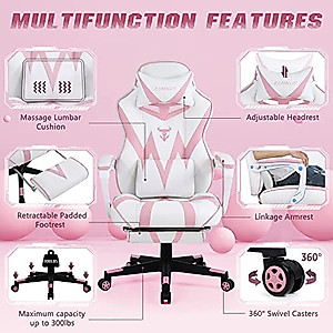 Pink Gaming Chair, Gaming Computer Chair for Girls, Reclining Gamer Chair with Footrest, Ergonomic PC Gaming Chair with Massage, Gaming Desk Chair for Women, High Back Gaming Chairs for Adults (Pink)