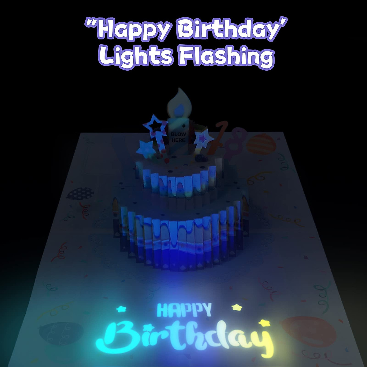 3D Musical Birthday Card, Blowable LED Light Candle, 3D Birthday Popup Cards with DIY 0-9 Numbers, Blow Out Led Light Candle, and Play Birthday Music Flash Happy Birthday Lights for Kids Men and Women