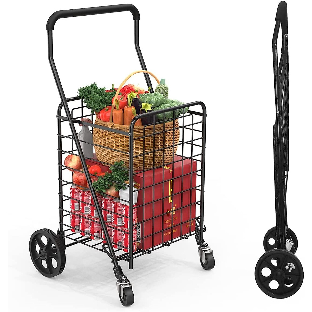 Kiffler Grocery Shopping Cart with 360° Rolling Swivel Wheels Utility Cart Easily Collapsible Cart 66lb Extended Foam Cover, Trolley for Laundry,Groceries,Travel Black (Medium)
