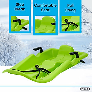 Superio Downhill Snow Sled with Brake Handles for Kids, 35” Toboggan Plastic Sleigh with Pull Rope, Green. (2)
