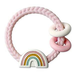 Itzy Ritzy Silicone Teether with Rattle; Features Rattle Sound, Two Silicone Rings and Raised Texture to Soothe Gums; Ages 3 Months and Up; Rainbow