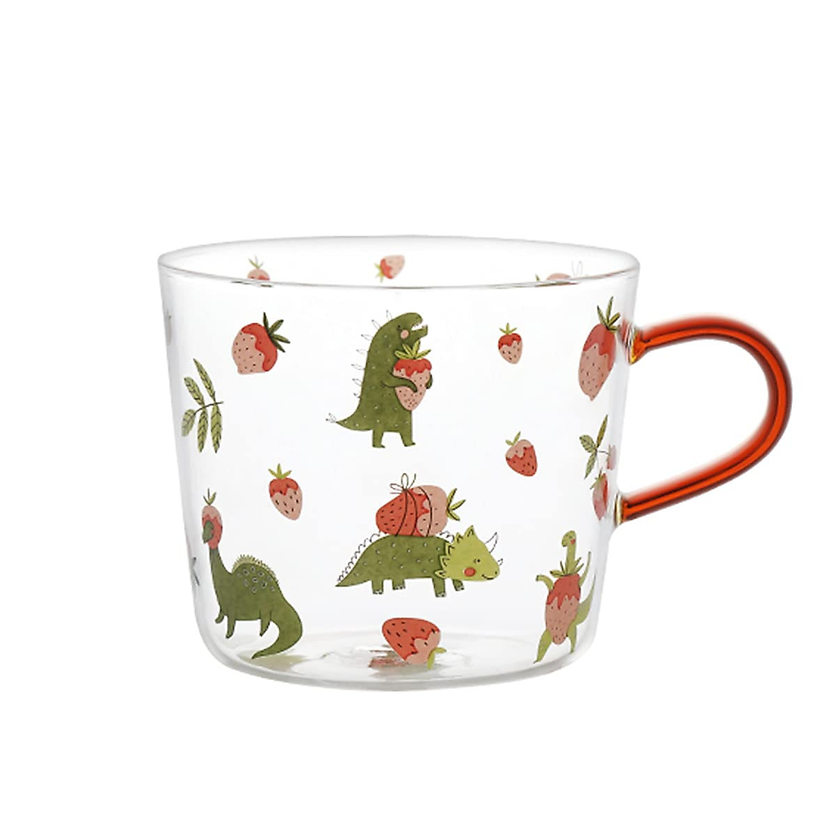 Sizikato Clear Glass Breakfast Cup with Handle, 15 Oz Milk Mug, Cute Dinosaur and Strawberry Pattern