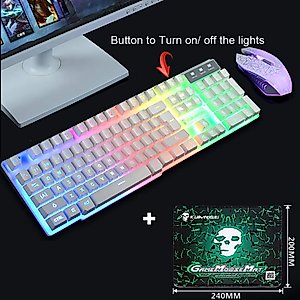 Axiba Waterproof Gaming Keyboard Mouse Sets USB Wired 104 Keys Skull Rainbow LED Backlit Multimedia Ergonomic Gamer Keyboard 2400DPI 6 Buttons Optical Professional Game Mice + Mouse Pad (Skull White)
