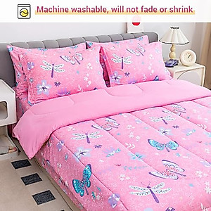 Viviland Full Butterfly Comforter Set for Girls, Kids Pink Brushed Microfiber Full Bedding Set, 7 Pieces Floral Bed in A Bag, Girls Comforters with Sheet Set, Shams, Machine Washable