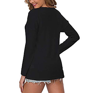 MOLERANI Womens Waffle Knit Tunic Tops Loose Long Sleeve Button Up V Neck Henley Shirts (Large, Black)
