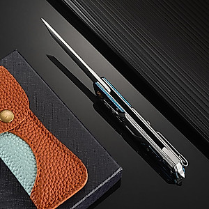 Generic Premium Folding Pocket Knife, M390 Steel Blade Knife for Men, with Pocket Clip and Leather Knife Sleeve, Window Breaker, Outdoor Emergency Tools, Blue, ZHQ07001