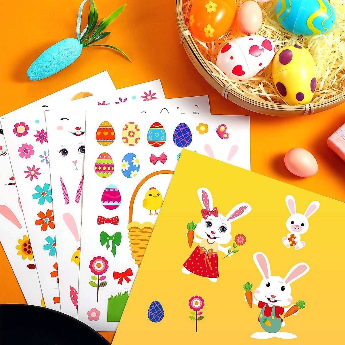 24 Easter Stickers Kids Crafts Make-A-Bunny Stickers, Rabbits Eggs Baskets Sticker Game Easter Stickers for Easter Theme Party Decoration Supplies Favors Fun Craft Project
