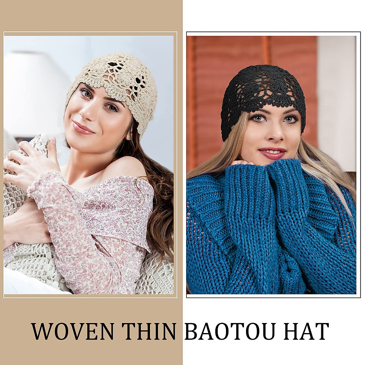 3 Pieces Crochet Slouchy Beanie Hat Handmade Knit Floral Summer Skull Cap Stretchy Lightweight Cotton Cutout Hats for Girls and Women, Khaki Black and White