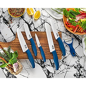 Vos Ceramic Knife Set, Ceramic Knives Set For Kitchen, Ceramic Kitchen Knives With Peeler, Ceramic Paring Knife 4", 5", 6", 7", 8" Inch Blue