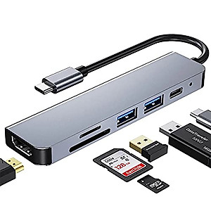 USB C Hub, 6-in-1 Type C Adapter Mini Docking Station with 4K HDMI, 2 USB 3.0 Ports, SD/TF Card Reader, 65W Power Supply Compatible with iPad Pro/MacBook/Type C Devices (USB-C-6 in 1)