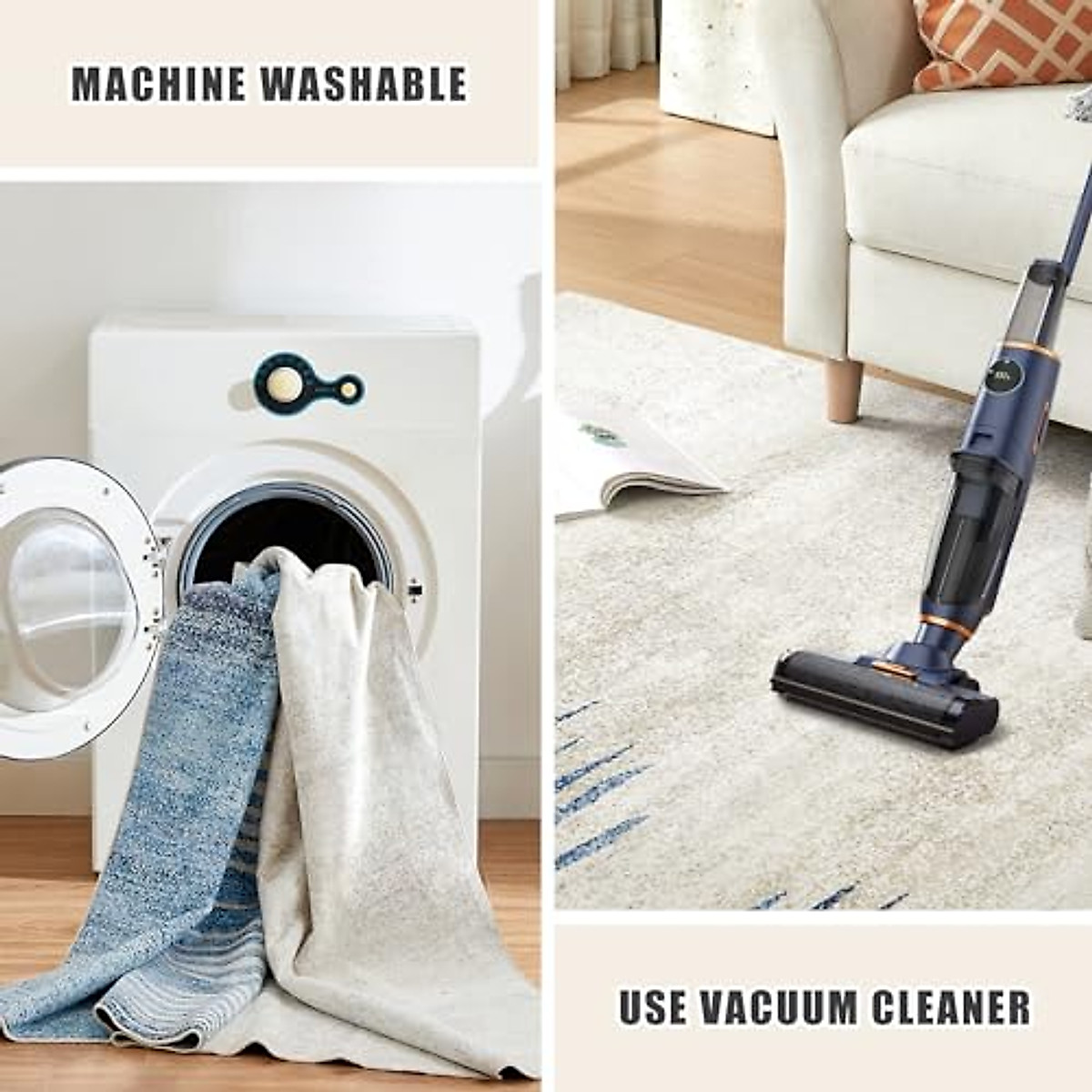 VKLIVING Washable Area Rug 9'x12' Abstract Thin Living Room Non Slip Bedroom Soft Low Pile Machine Washable Lightweight Large Area Rug, Blue&Beige