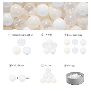 GOGOSO Ball Pit Balls 100 - Soft Plastic Balls for Babies Toddlers Kids Children with Storage Bag for 1 2 3 Years Old, 3 Colors (100 Balls) White Beige Transparent
