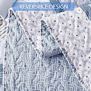 KASENTEX Country-Chic Printed Pre-Washed Quilt Bedding Set - Microfiber Fabric Quilted Pattern Bedding (Multi-Blue C, Queen + 2 Shams)