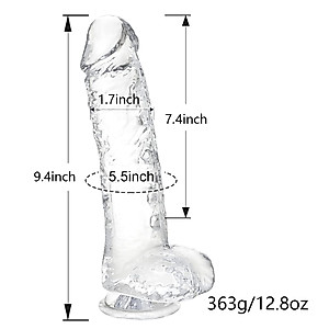 9 Inch Realistic Dildo,Body-Safe Material Lifelike Huge Penis with Strong Suction Cup for Hands-Free Play,Flexible Cock with Curved Shaft and Vaginal G-spot and Anal Play (Transparent color2)
