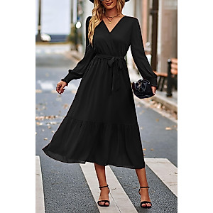 PRETTYGARDEN Women's Floral Print Boho Dress Long Sleeve Wrap V Neck Ruffle Belted A-Line Flowy Maxi Dresses (Solid Black,Large)