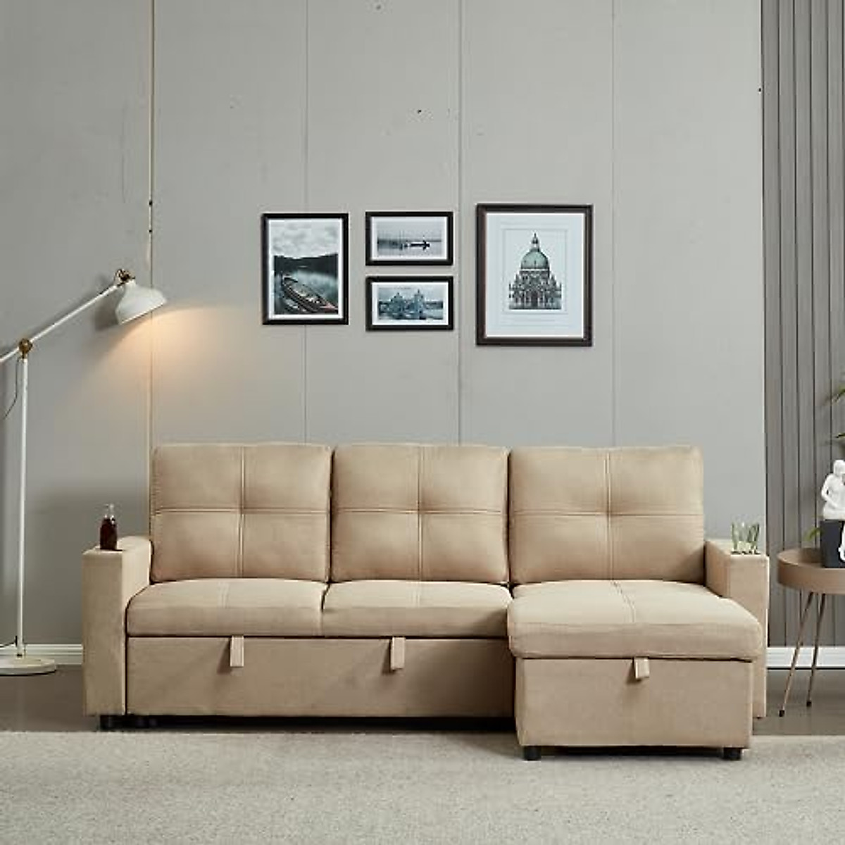 INSTORY Mid-Century Modern Linen Sofa L-Shaped Sectional Sofa Pull Out Sofa Bed Convertible Sleeper Sofabed with Storage Chaise & USB & Cup Holder for Living Room-Brown