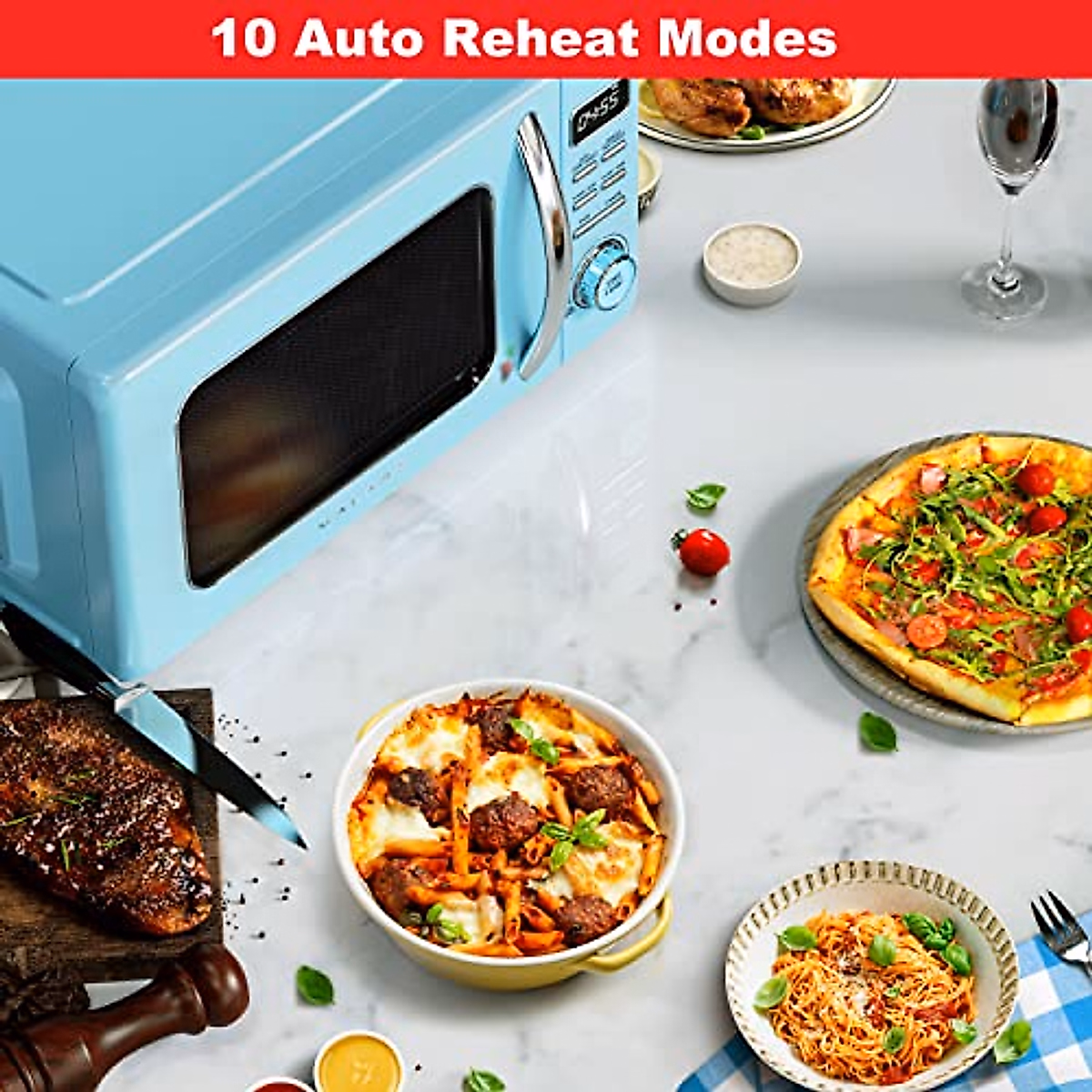 Galanz GLR31TBEER Retro Compact Refrigerator, Mini Fridge with Dual Doors, 3.1 Cu FT, Blue & GLCMKZ11BER10 Retro Countertop Microwave Oven with Auto Cook & Reheat, Defrost, 1.1 cu ft, Blue