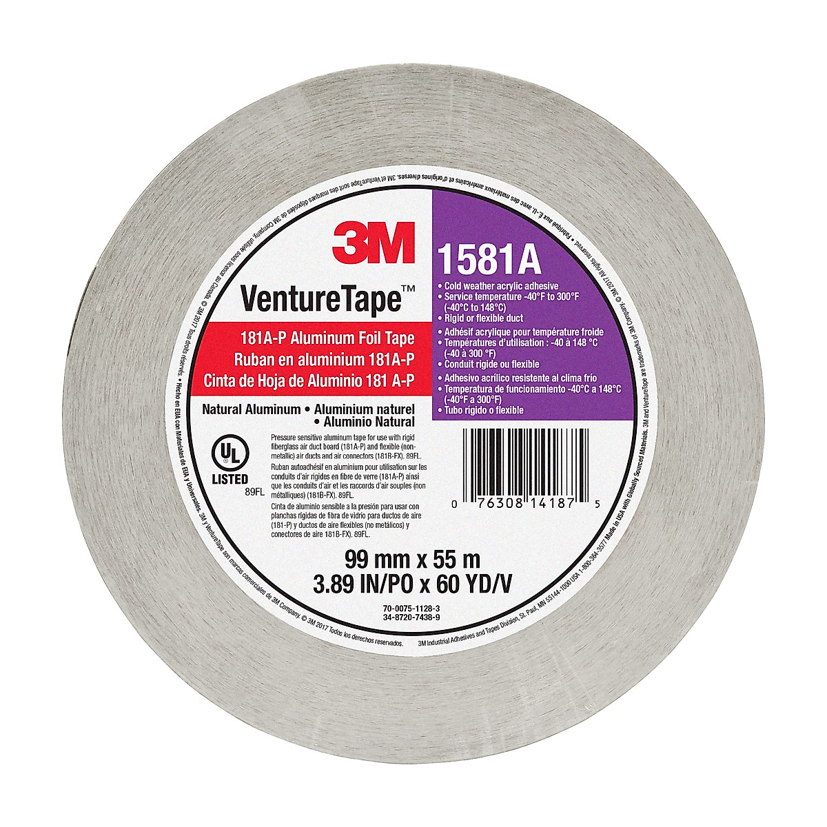3M Venture Tape UL181A-P Aluminum Foil Tape 1581A, Rigid and Flexible Duct Seaming, Durable, Cold Weather Adhesion, 3.89 in x 60 yd, 2 mil