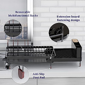 Aonee Dish Drying Rack, Extendable Dish Rack, Multifunctional Dish Rack for Kitchen Counter with Drainboard, Cutlery Holder, Knife Holder and Pot Holder