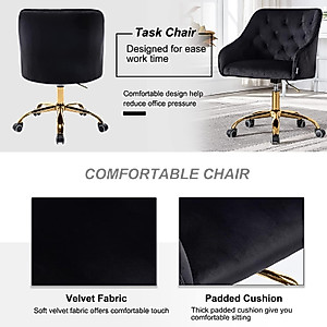 Kootlena Modern Black Velvet Desk Chair, Home Office Desk Chair Computer Chair on Wheels, Cute Vanity Chair for Womens Girls, Upholstered Swivel Task Chair w/Gold Base for Living Room Bedroom