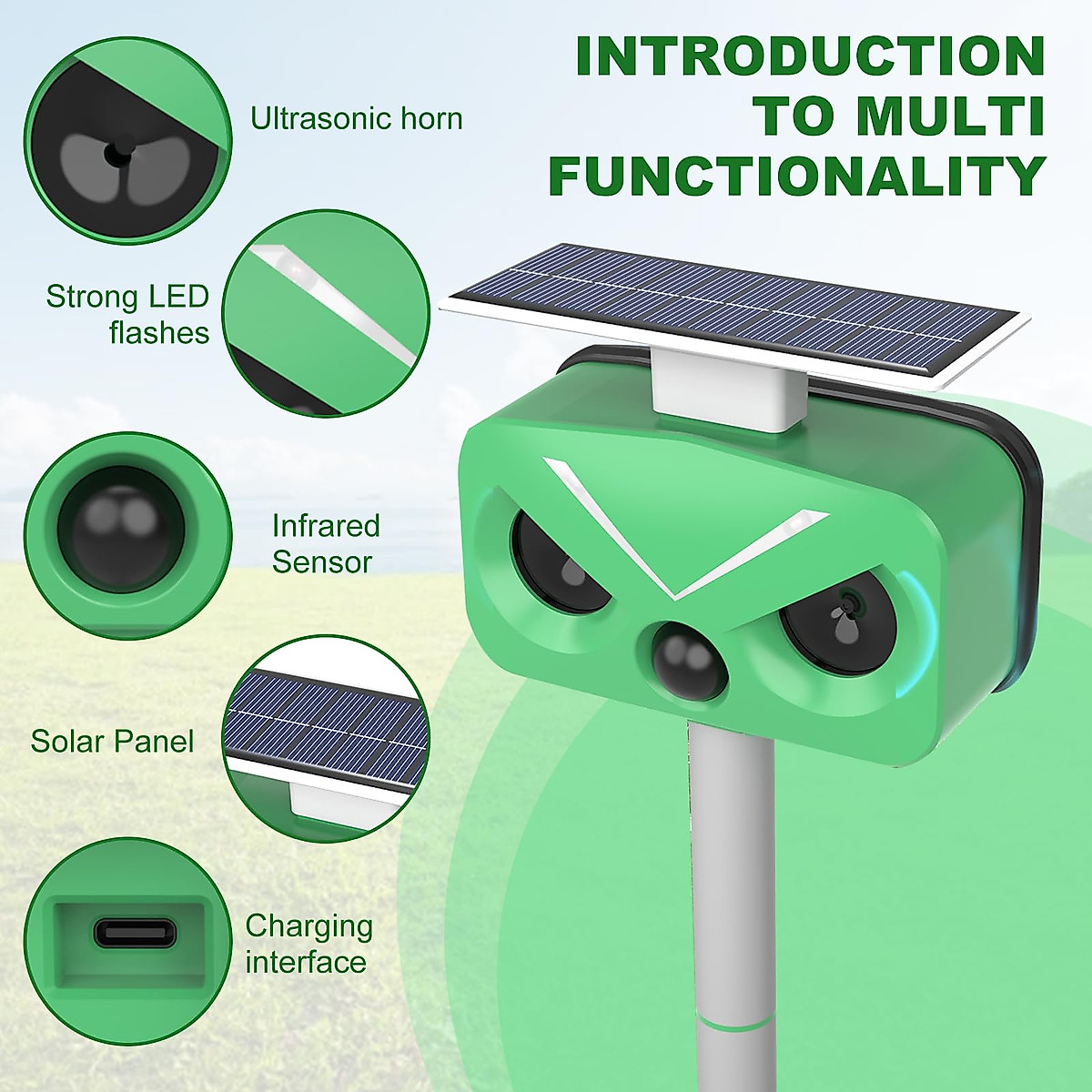 Upgraded Solar Ultrasonic Animal Repeller, Dog Outdoor, Cat Repeller for Squirrel, Raccoon, Skunk, Rabbit, Fox, Deer, Bird etc with Motion Detection, LED Flashing Light 028-2