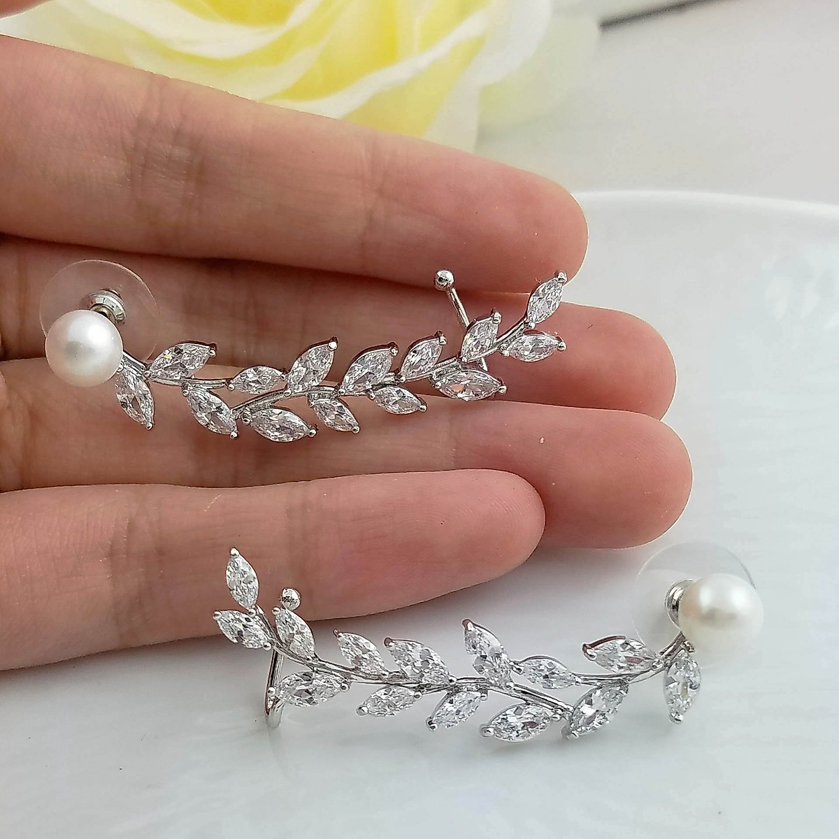 SELOVO Ear Cuff CZ Crystal Simulated Pearl for Pierced Ear Climber Wrap Earrings Silver Tone