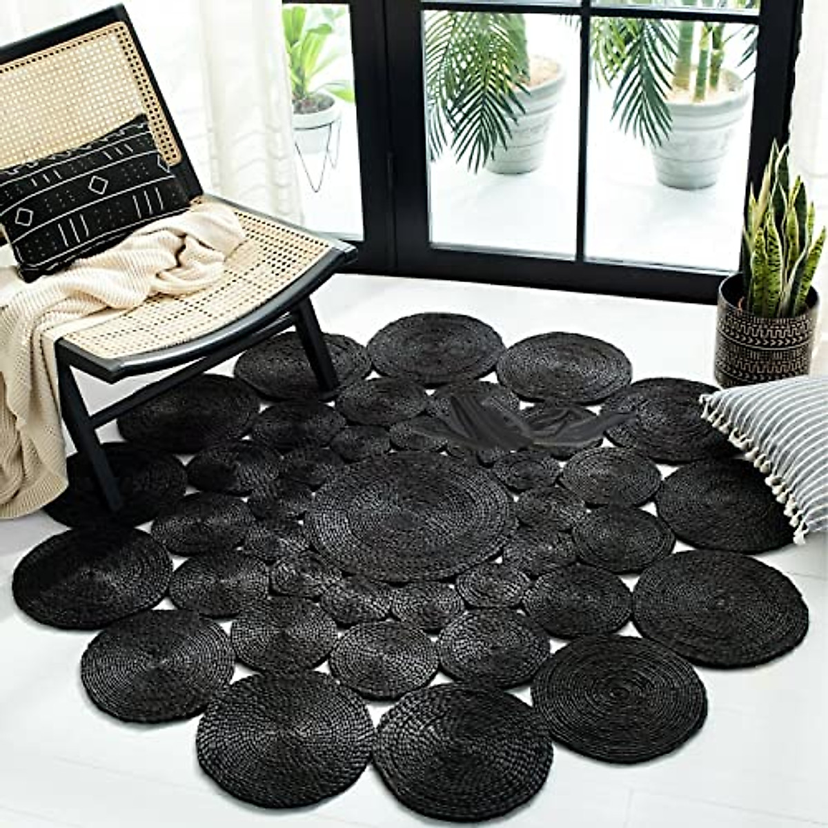 Agro Richer Black Circle Design Hand Braided Home Living Room Round Shape Carpet Living Room Farmhouse Carpet Rug (150x150 CM (5x5 Sq.Feet))