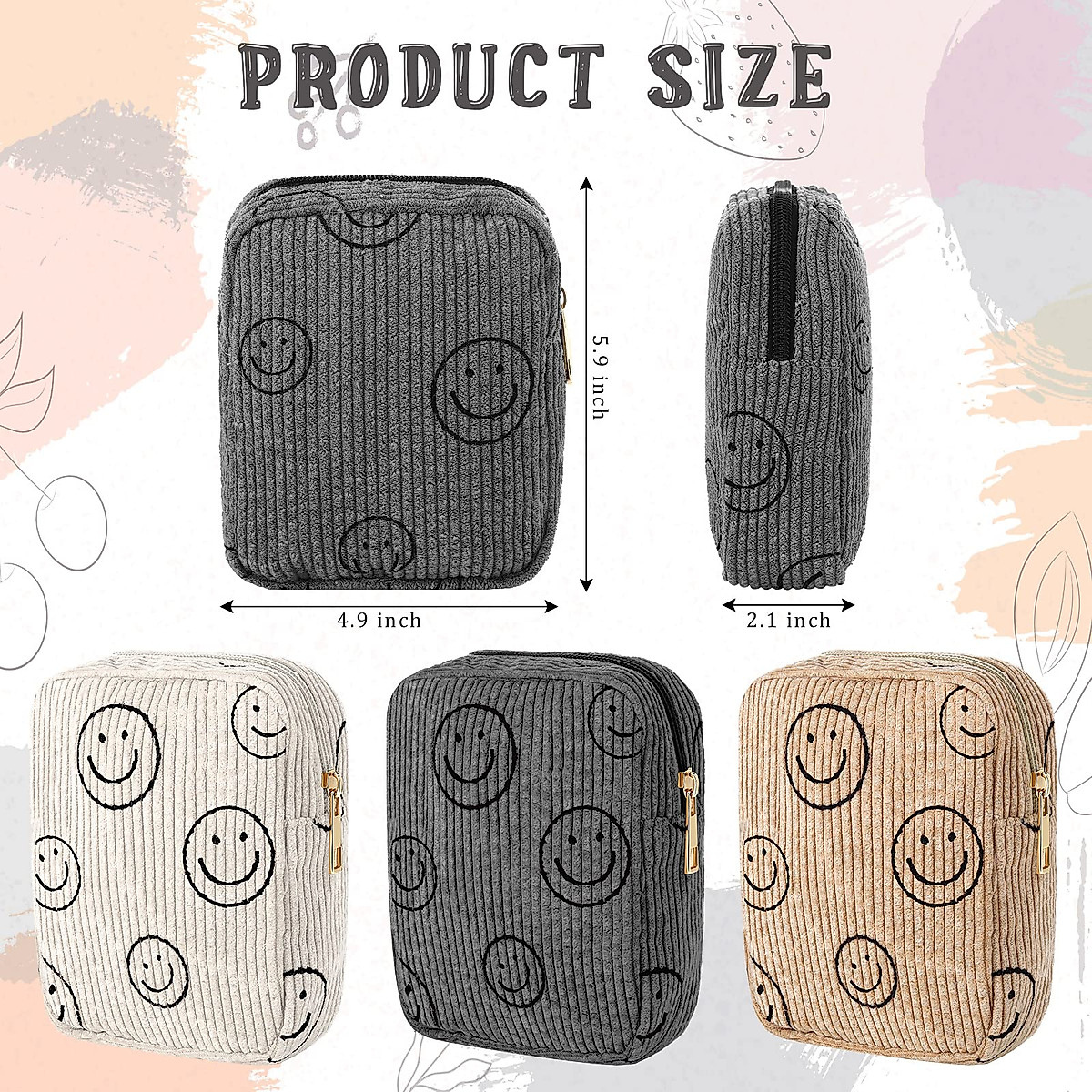 Photect 3 Pcs Corduroy Cosmetic Bag Smile Face Aesthetic Preppy Pouch Travel Makeup Bags for Christmas Women Holiday Organizer Gifts(Stylish,White, Gray, Yellow)