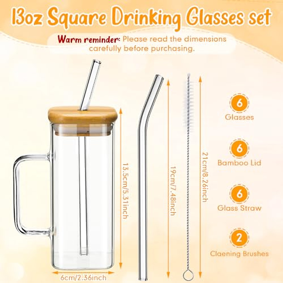 Rtteri 6 Set Glass Cups Square Drinking Glasses with Bamboo Lid Straw and Handle Appreciation Gifts for Employee Coworker Portable Coffee Mugs(13 oz, Small,Clear)