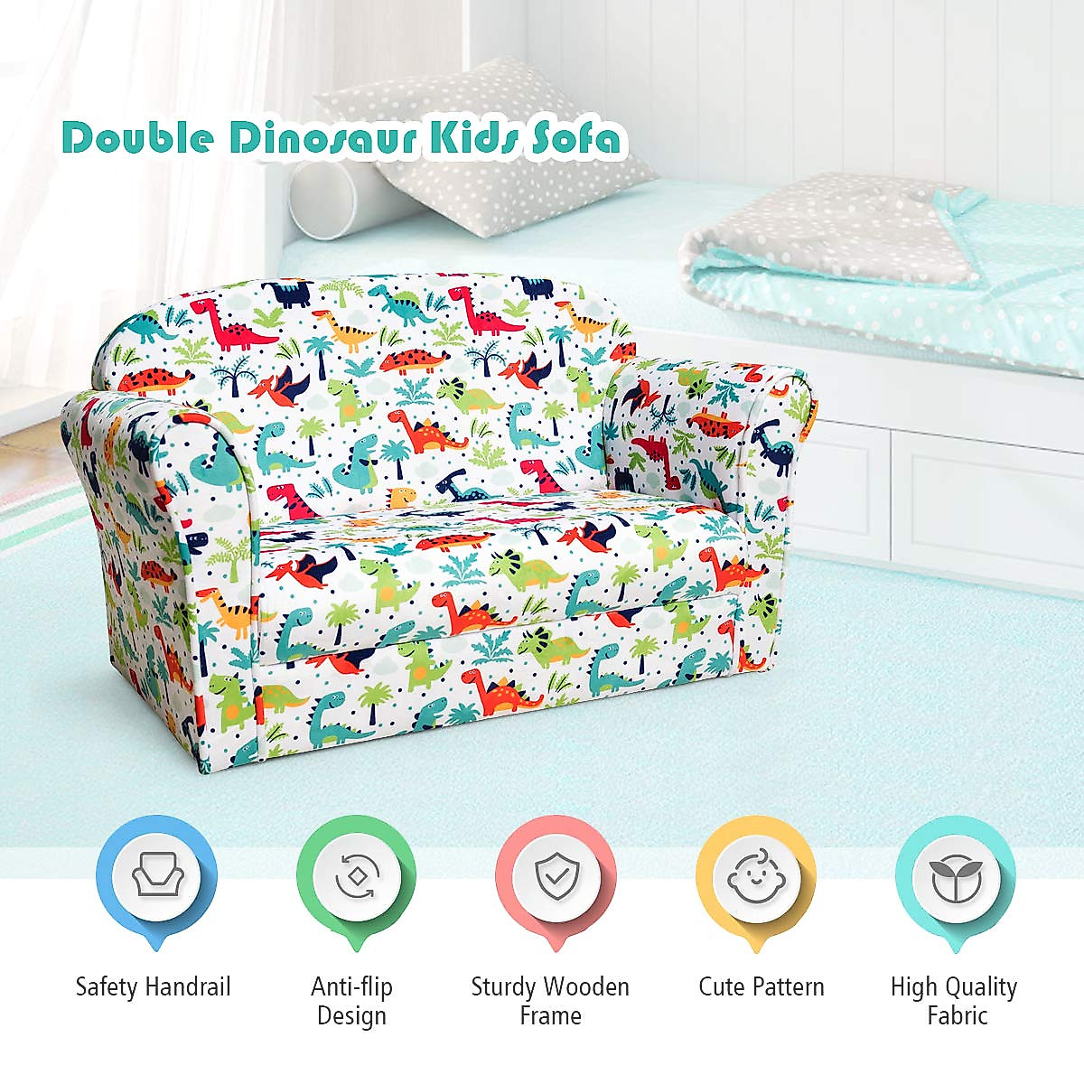 Costzon Kids Couch, Double Seat Children's Sofa w/Dinosaur Pattern, Comfortable Back, Easy to Move, Toddler Armrest Chair for Bedroom, Living Room, Soft Kids Sofa for Preschool Baby Boys Girls Gifts