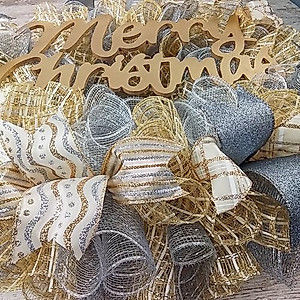 Silver Gold Ivory Christmas Wreath - Traditional Mesh Holiday Door Decor - Gold Ivory Cream TB7