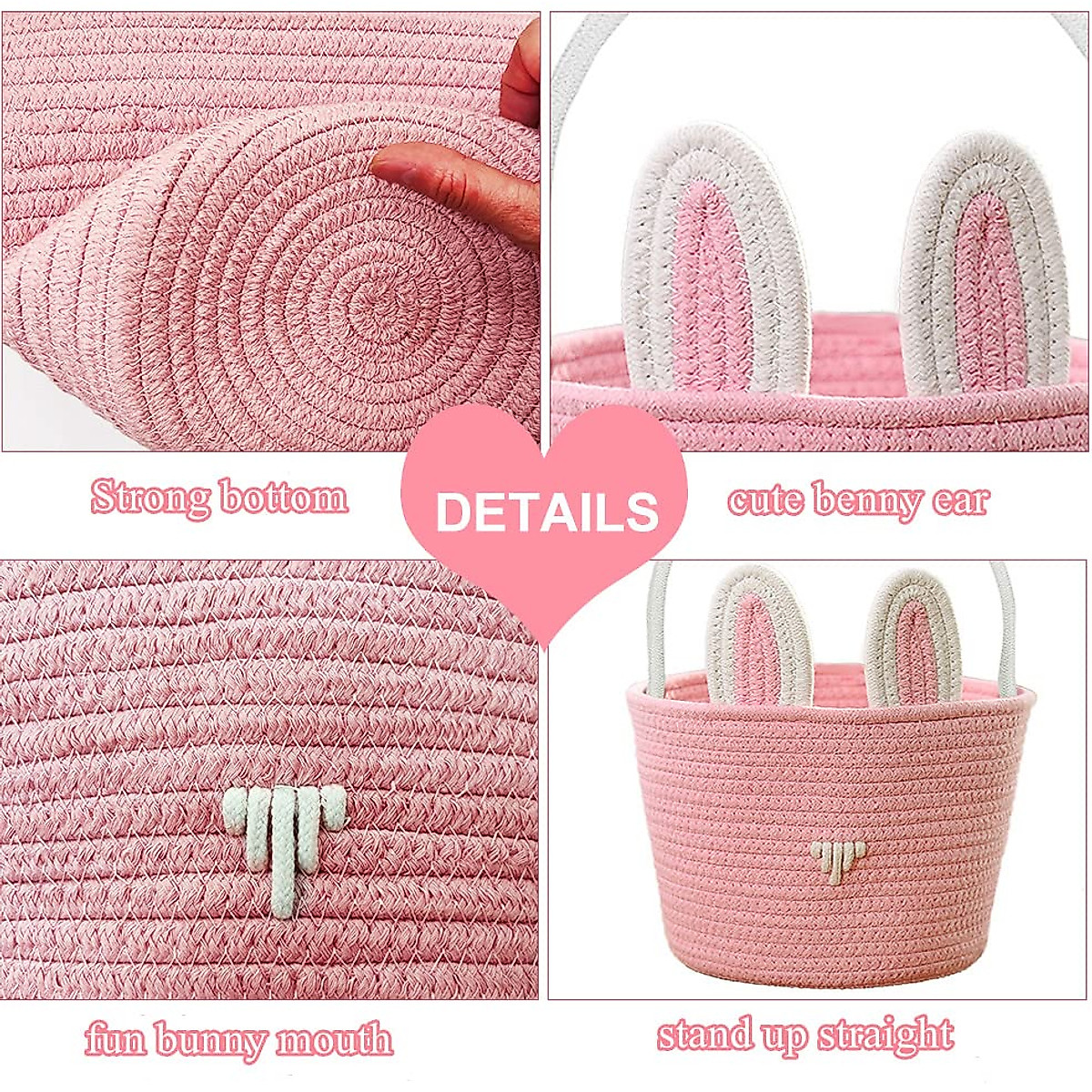 2Pcs Rabbit Easter Baskets for Kids,Hand Woven Cotton Rope Bunny Basket with Handle for Easter Stuffer & Egg Hunt, Decorations, Candy Gifts Storage (Pink & White)