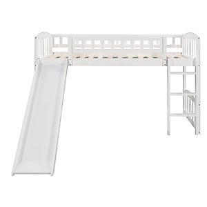Bellemave Twin Loft Bed with Slide and Ladder, Low Loft Bed for Kids, Wood Loft Bed, for Boys Girls,White