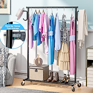 Ekisemio Clothing Garment Rack on Wheels, Heavy Duty Clothes Organizer with Bottom Mesh Shelf for Hanging Clothes, Side with 2 Hooks, Black