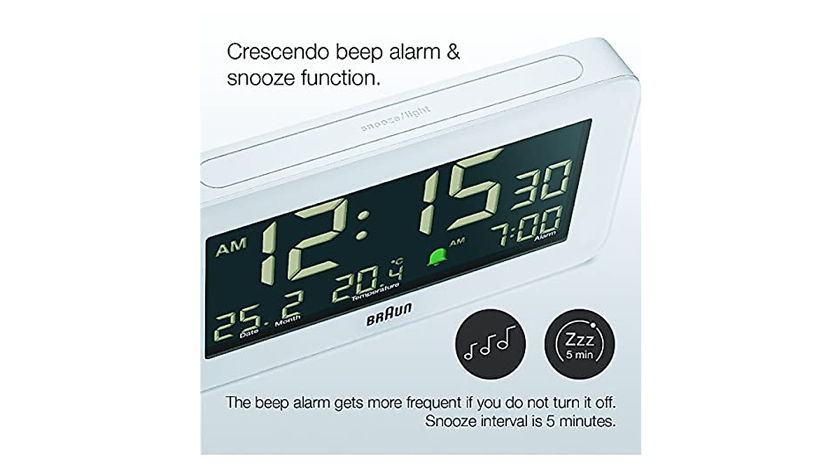 Braun Digital Alarm Clock with Date and Temperature - BC10W