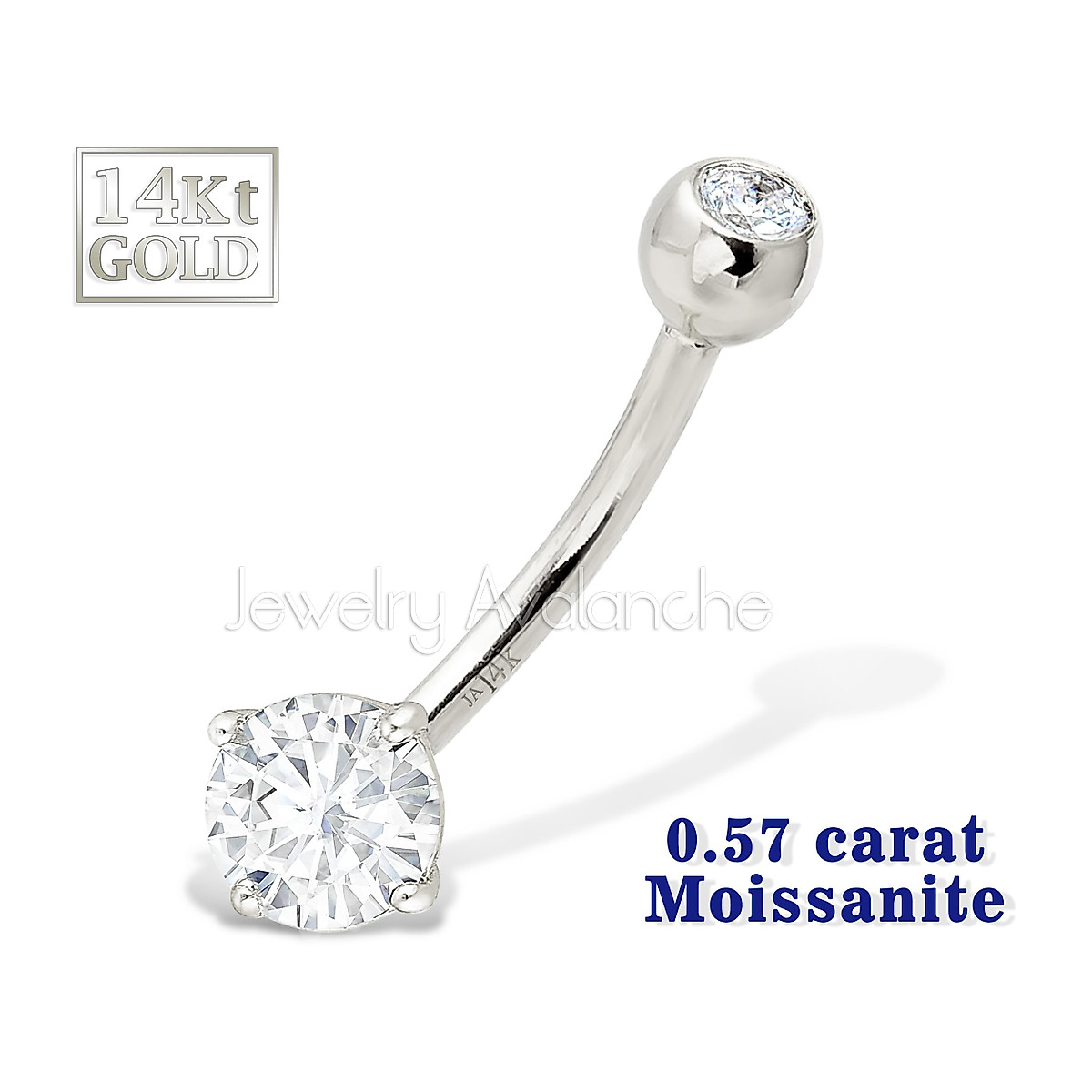 0.57ctw Moissanite Solid 14Kt White Gold Belly Ring, 14G Belly Button Barbell, Navel Piercing Jewelry, 14Kt Gold Body Jewelry - 14KBR02-MNT-WG