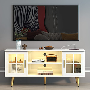 LVSOMT Modern TV Stand with Storage, Entertainment Center Cabinet for Living Room, Media Console with 24 Color Lights (Pearl White - RGB)