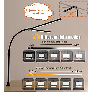 Ksunun Double Head LED Desk Lamp, Architect Desk Lamps for Home Office, 24W Brightest Workbench Office Lighting-5 Color Modes and 5 Dimmable Eye Protection Modern Desk Lamp for Monitor Studio Reading