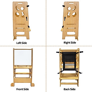 Wooden Brown 1-3 Toddler Tower Kitchen Helper,Height Adjustable Learning Standing Tower with Black and White Activity Board & Safety Net Perfect for Kitchen, Bathroom and Bedroom Children Step Stool